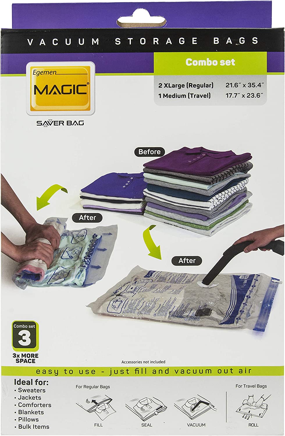 Egemen Magic Vacuum Storage Bag Combo Packs, Various Sized Combo Sets